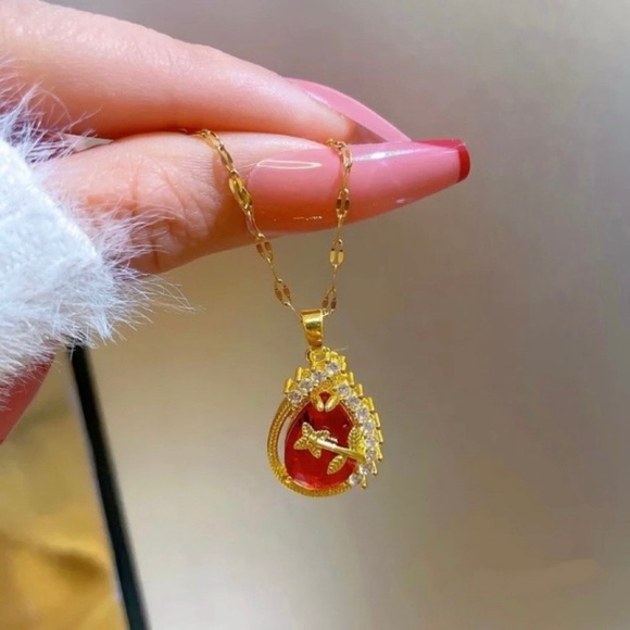 Jewelry | 18k Gold Plated Birthstone Crystal Flower Teardrop Ruby ...